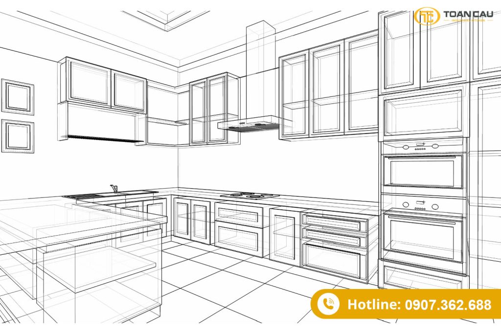 Thiết kế bếp chữ U thường được áp dụng cho những không gian lớn